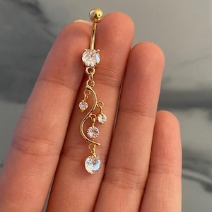 Vintage Gold Dangly Belly Button Ring/ CZ Dangly Chain Belly Button ...