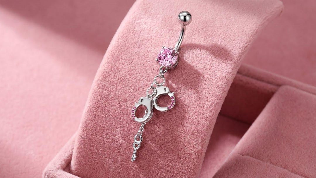 Pink Handcuff Dangle Belly Ring: 14k Gold Plated Navel Jewelry - Etsy