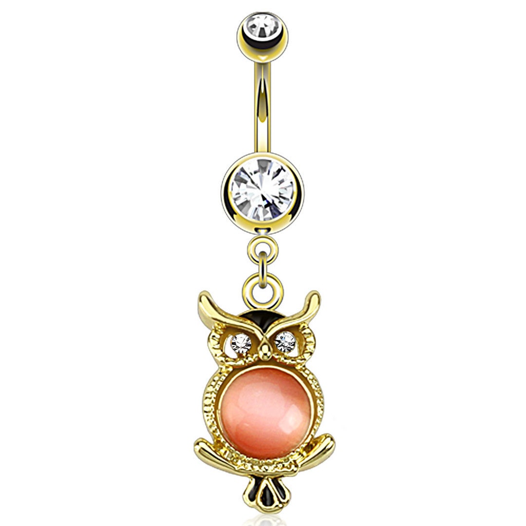 Owl Belly Ring/ Gold Owl Belly Button Ring/ Cat Eye Belly Ring/ Sparkly Belly Ring/ Dangly Owl ...