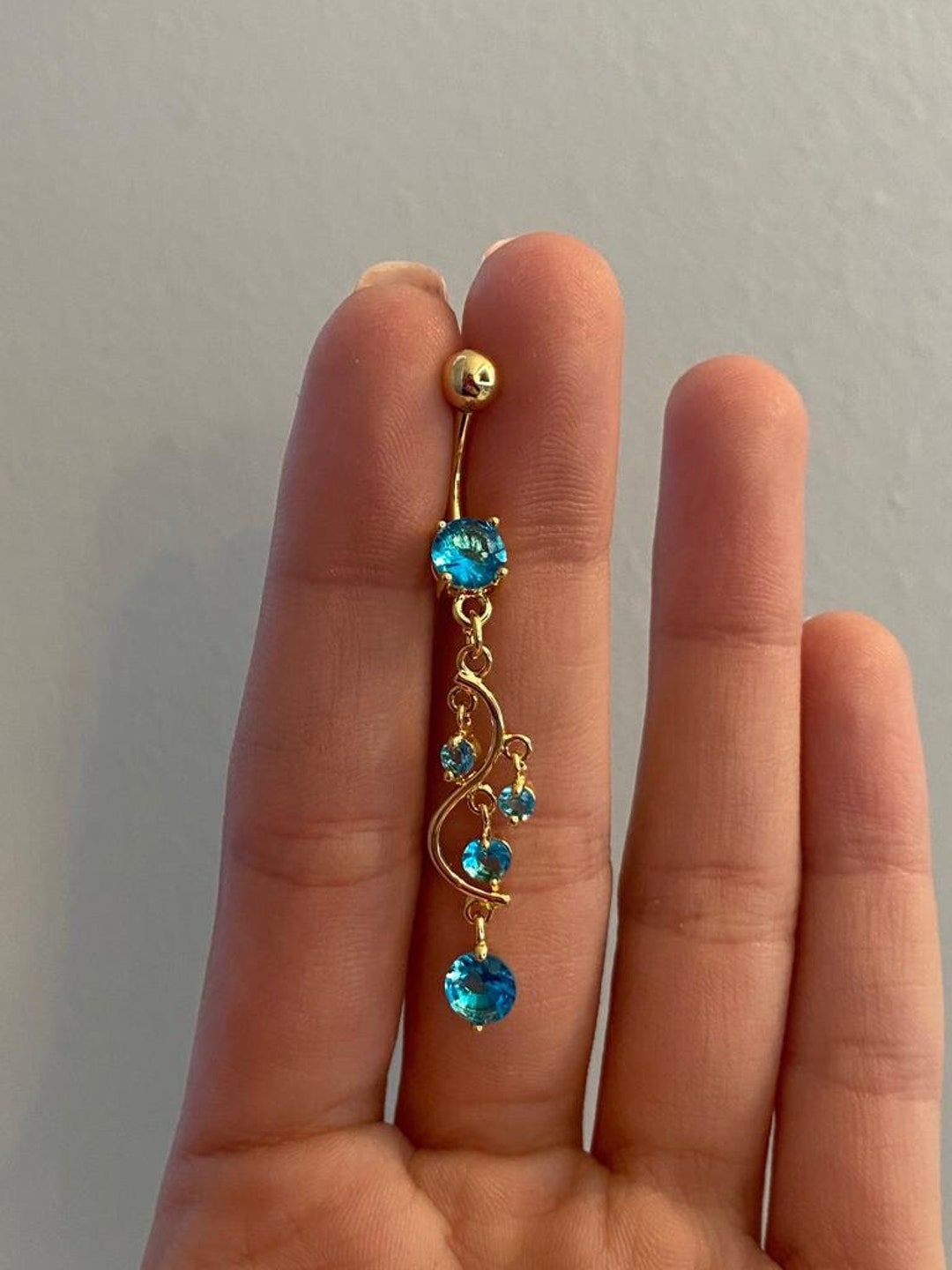 Vintage Gold Dangly Belly Button Ring/ Blue Dangly Chain Belly Button ...