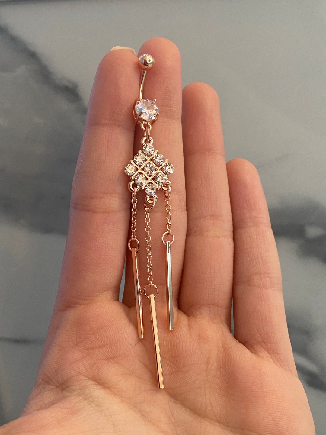 Diamond CZ Chain Belly Ring/ CZ Sparkly Belly Button Ring/ Dangly Belly ...