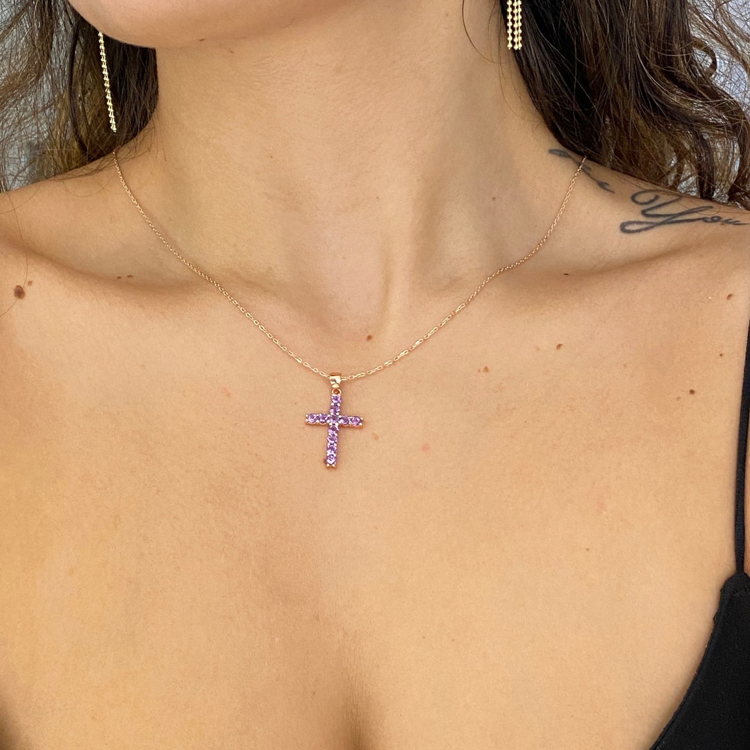 Diamond CZ Cross Necklace | Pink Diamond CZ Cross Pendant | Sterling ...