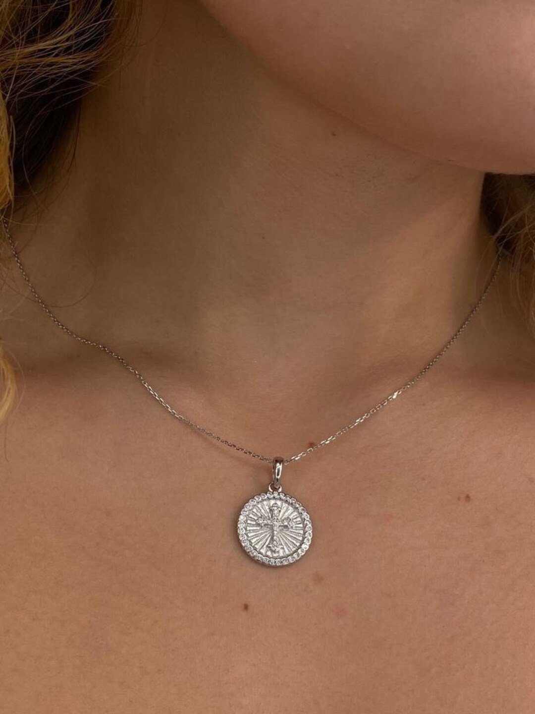 Diamond CZ Disc Cross Necklace Sterling Silver Circle Cross Necklace ...