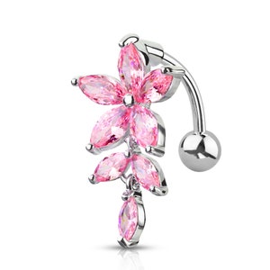Pink Flower Belly Ring / CZ Belly Ring / Navel Ring / Dangly Belly ...