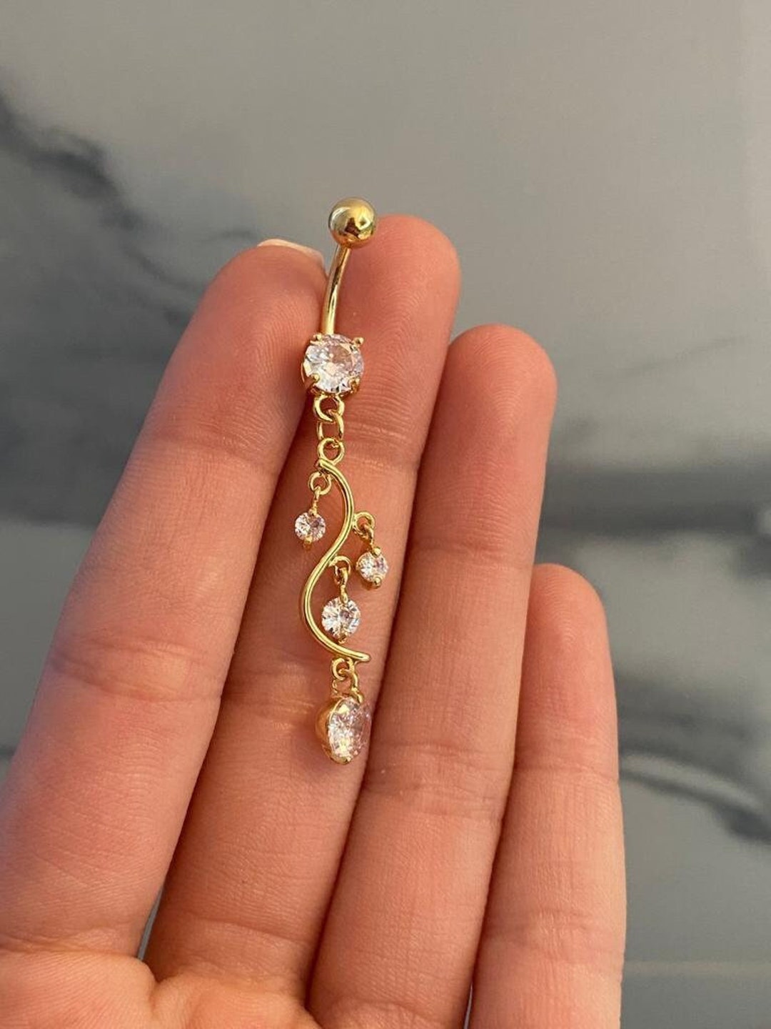 Gold CZ Dangly Belly Ring: Surgical Steel Chain Navel Jewelry - Etsy