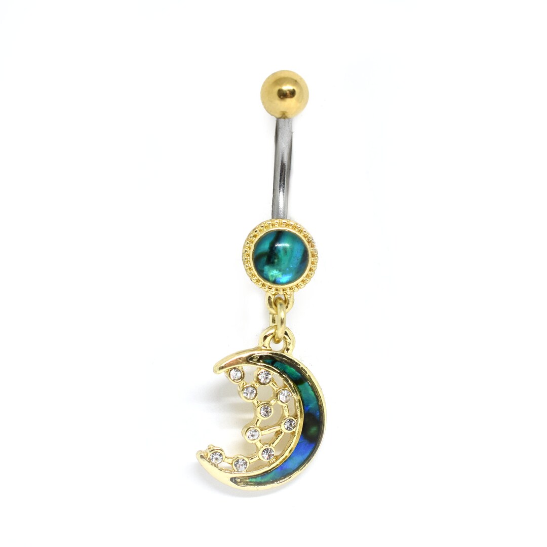 Gold Dangly Moon Belly Ring: Mother of Pearl & Cubic Zirconia - Etsy