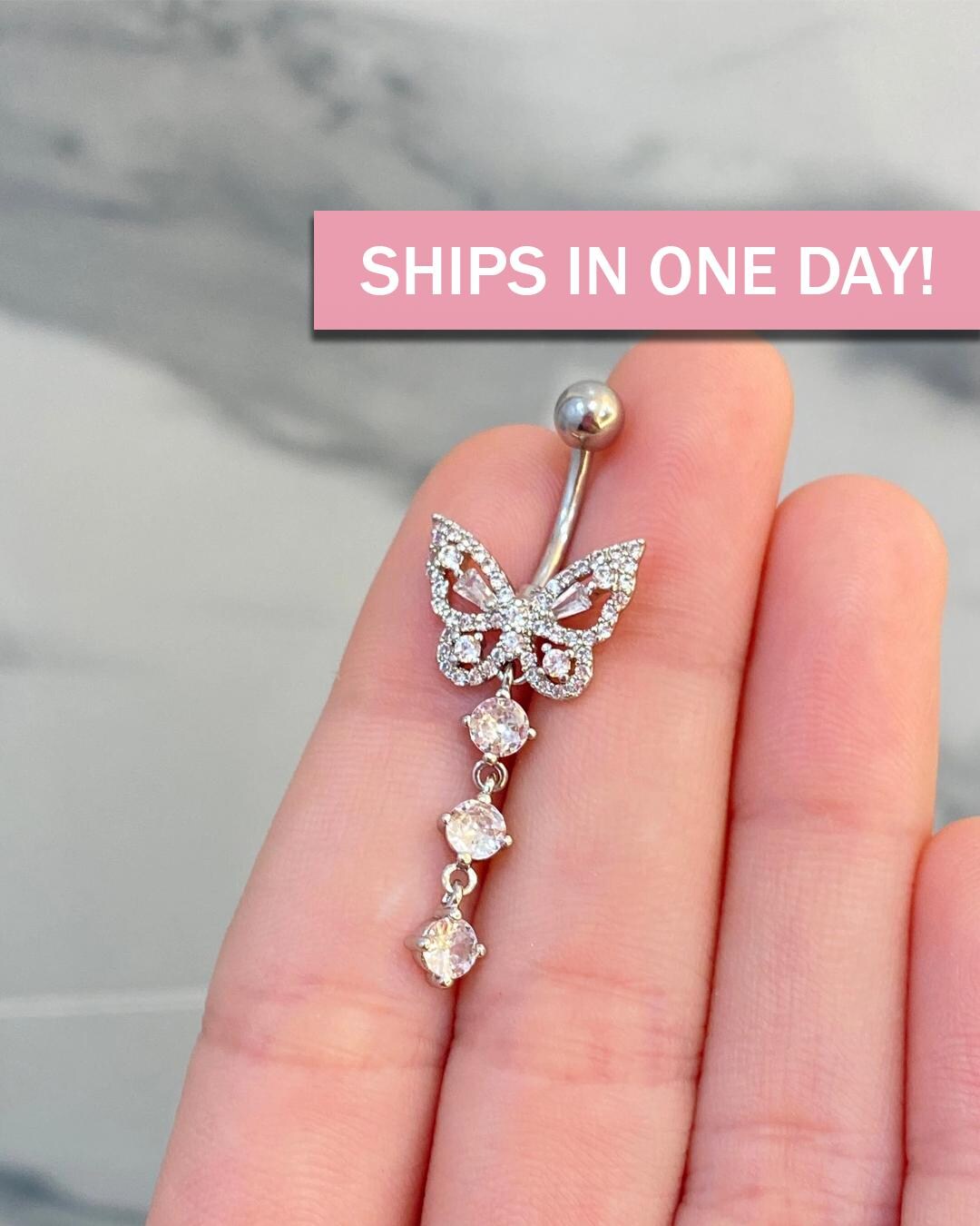 Butterfly Belly Ring/ 14k Gold Belly Button Ring/ Dangly Butterfly ...