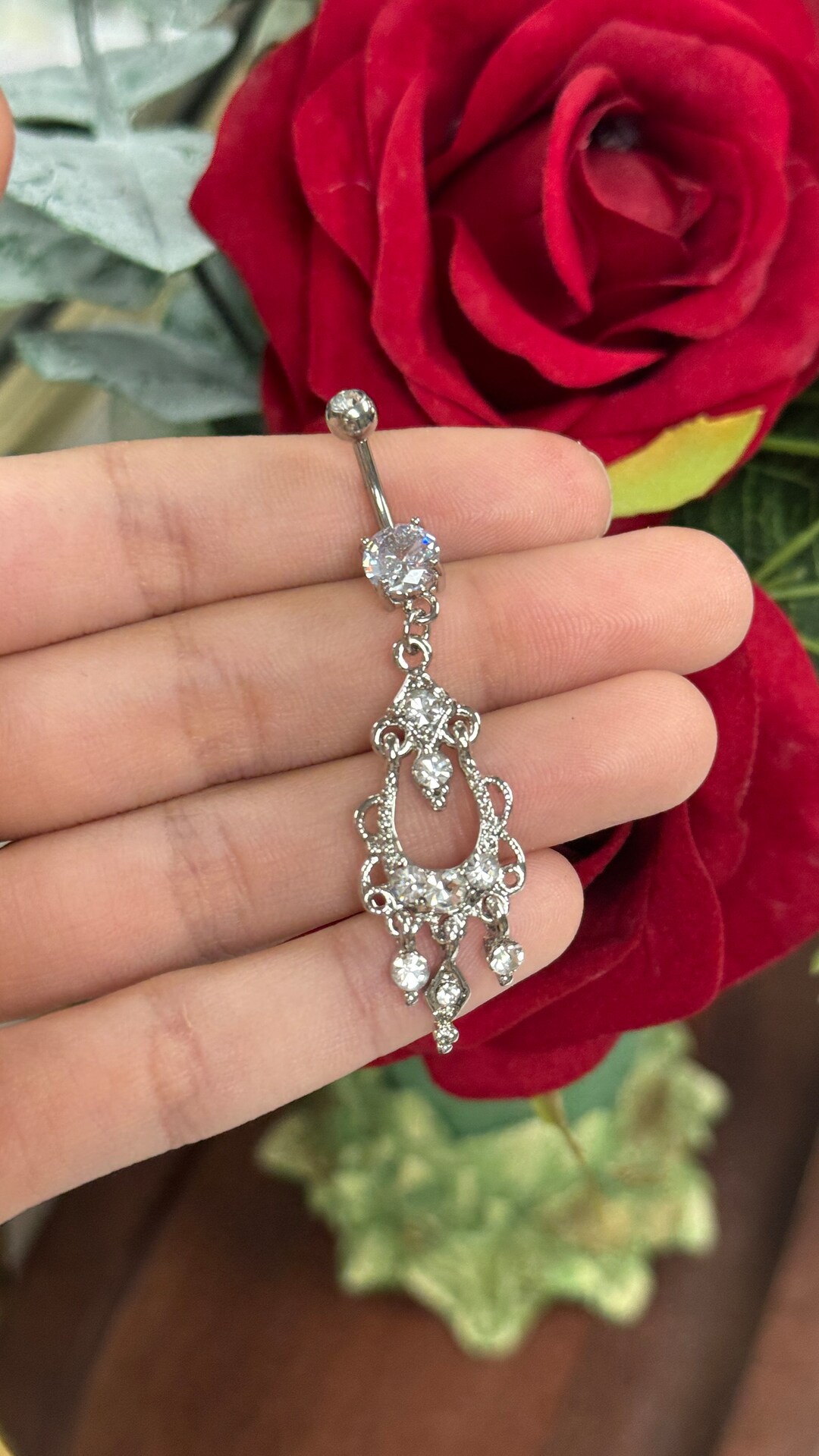 Diamond CZ Dangly Belly Ring/ Chandelier Diamond CZ Belly Button Ring ...
