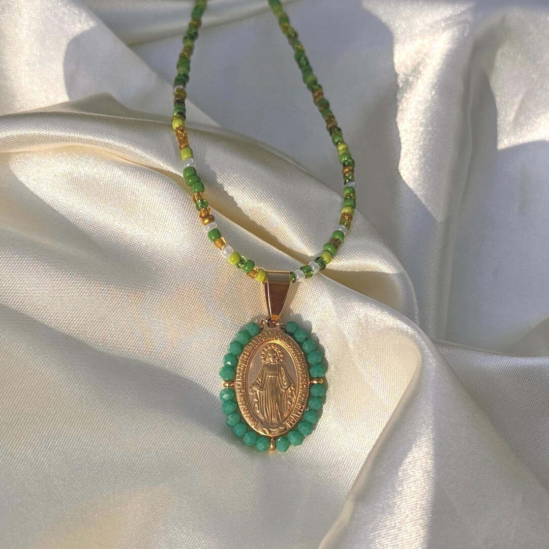 Green Beaded Virgin Mary Necklace: Gold Miraculous Medal Pendant - Etsy