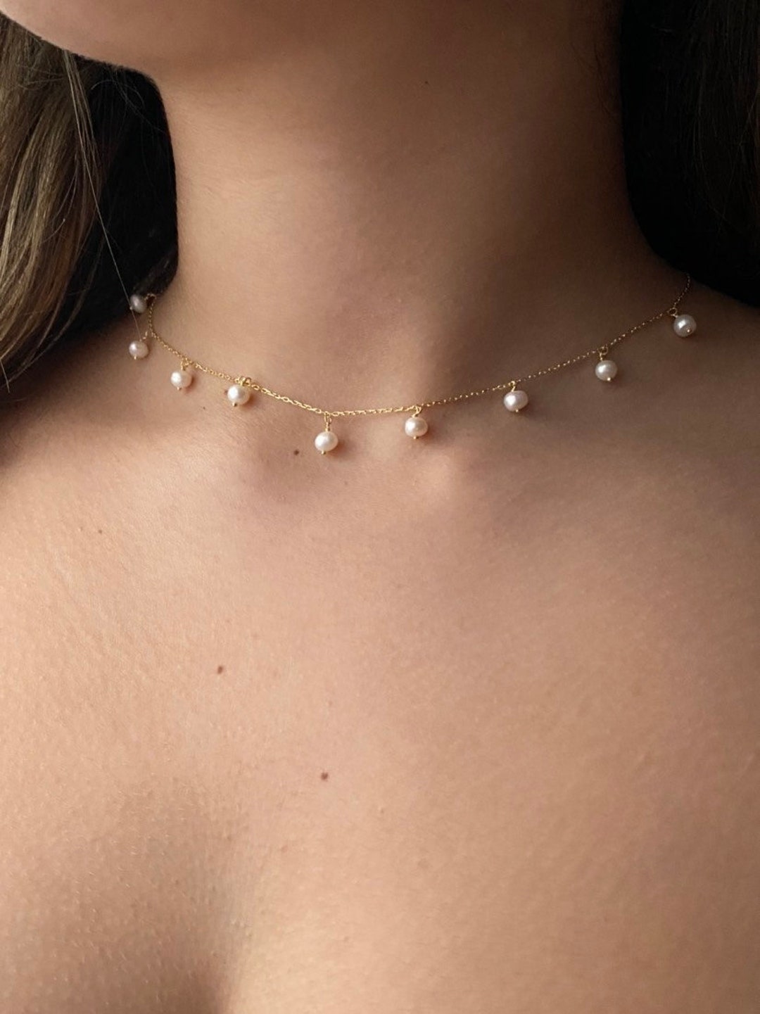 Gold Pearl Station Necklace | Freshwater Pearl Dangly Necklace | Gold ...
