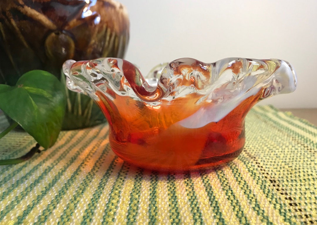 Slag Glass Orange Clear and White Candy Dish/handblown Glass/vintage ...