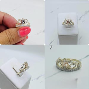 14k Solid Gold Ring Sweet 15 Crown Tiara Heart - Anillo De Quince Anos ...