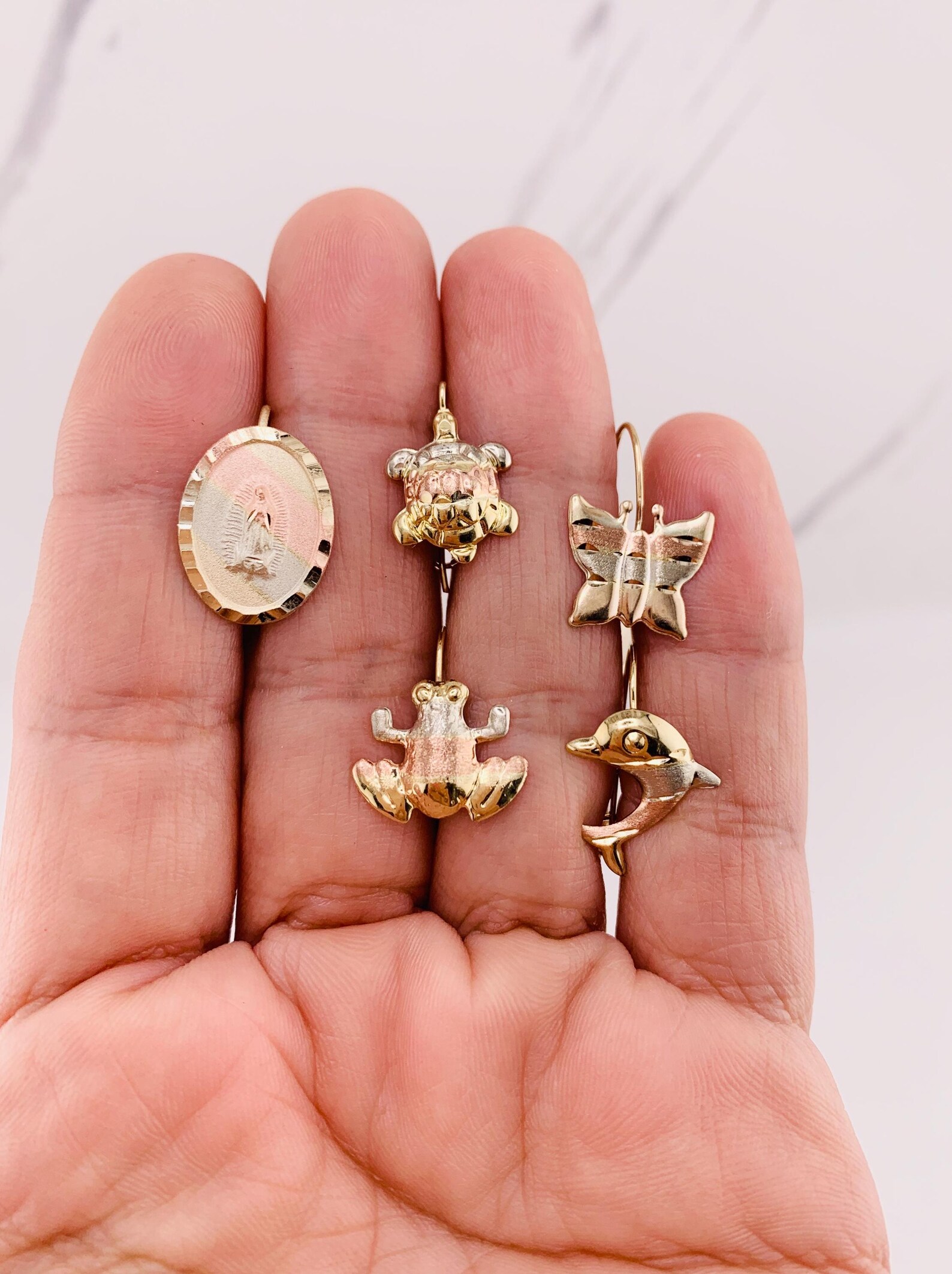 10k Gold Earrings Turtle, Dolphin, Butterfly, Frog - Aretes En Oro ...