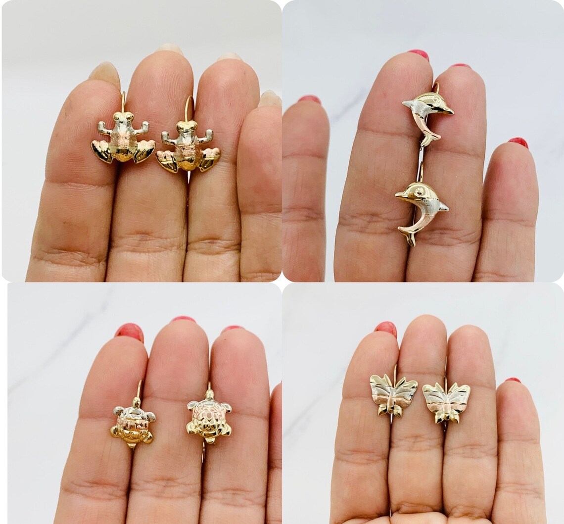 10k Gold Earrings Turtle, Dolphin, Butterfly, Frog - Aretes En Oro ...