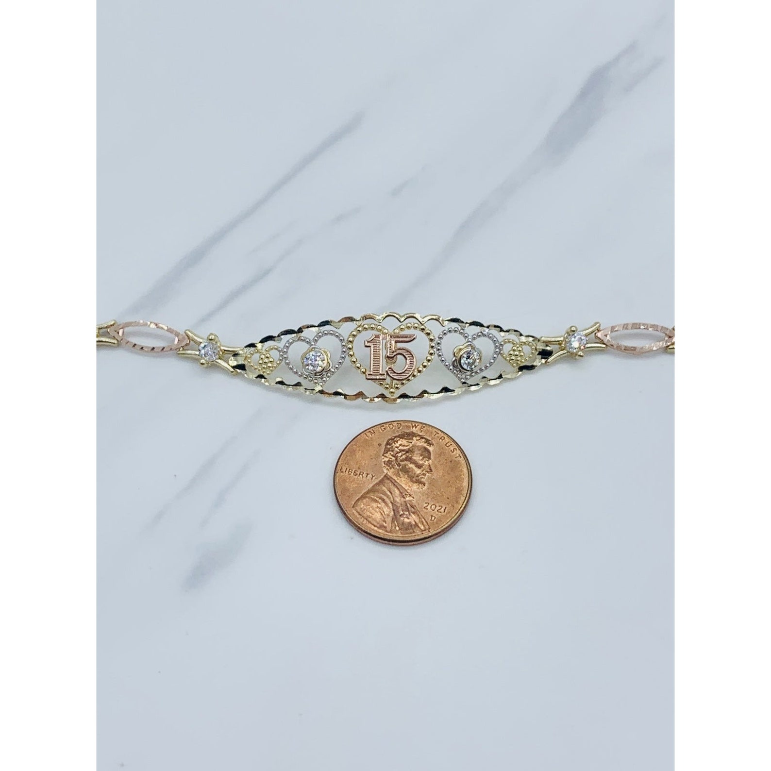 Real 14k Gold Bracelet Sweet 15 Mis 15 Años With Hearts - Etsy