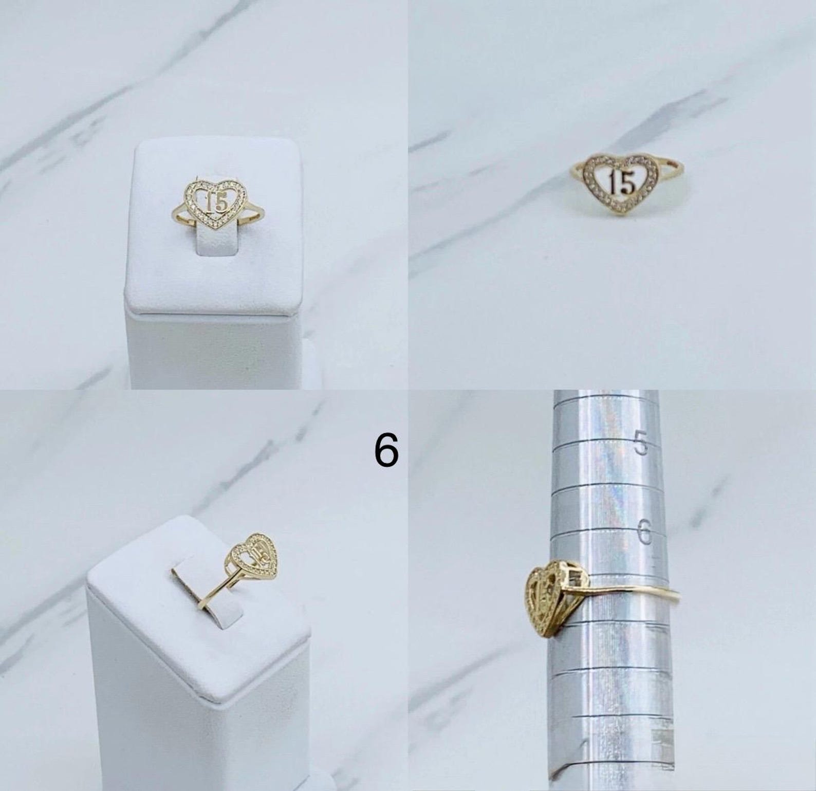 14k Solid Gold Ring Sweet 15 Crown Tiara Heart - Anillo De Quince Anos ...