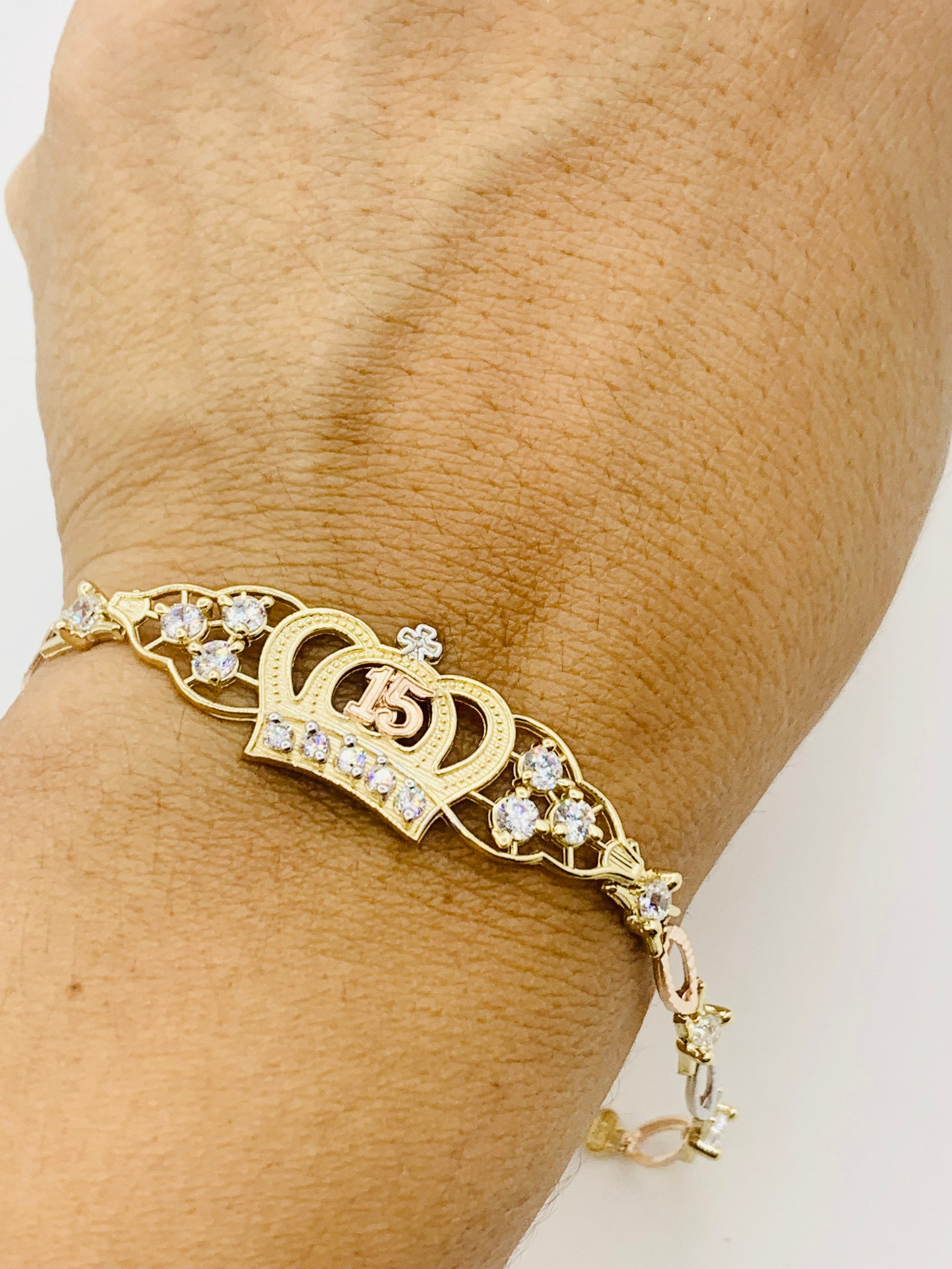 Real 14k Gold Bracelet Sweet 15 Mis 15 Años With Hearts - Etsy