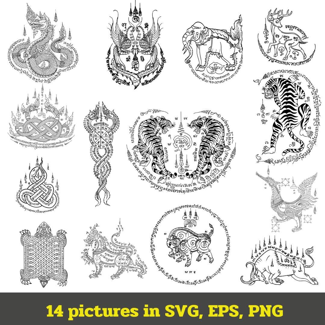 Thai Traditional Tattoo Design (sak Yant). A Set of Animal (various ...