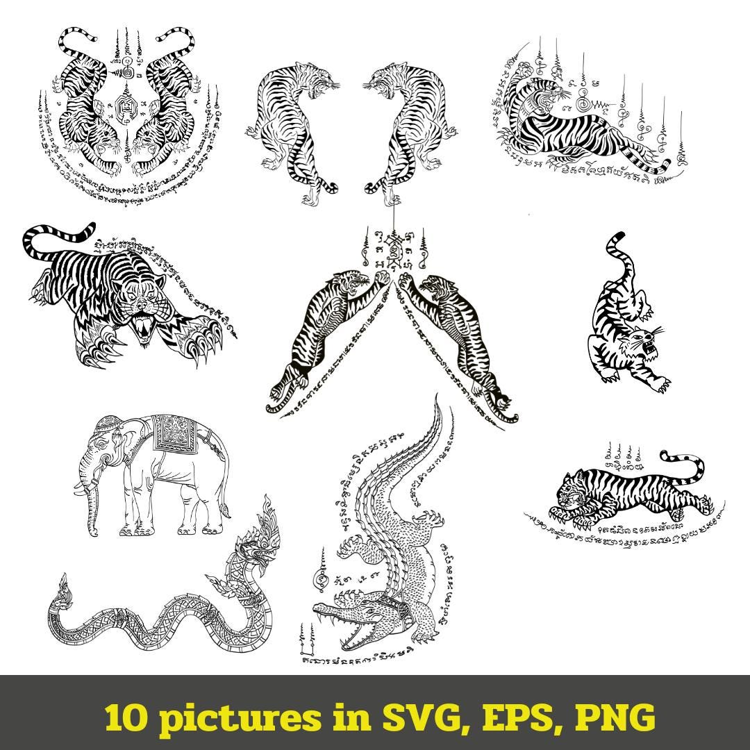 Thai Traditional Tattoo Design. (sak Yant) a Set of Animal (tiger ...