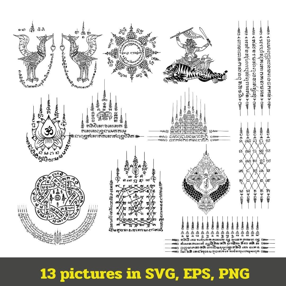 Thai Traditional Tattoo Design. (sak Yant) a Set of Sacred Symbol. 13 ...
