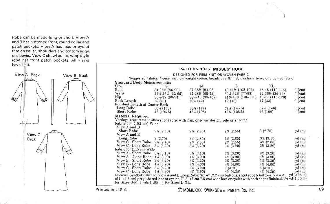 Robe Digital Sewing Pattern // Kwik Sew 1025 // Robe Can Be Made Long ...