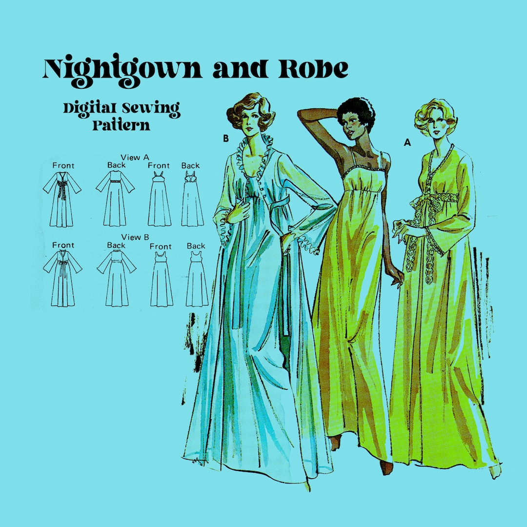 Vintage Nightgown and Robe Digital Sewing Pattern // Nylontricot Knit ...