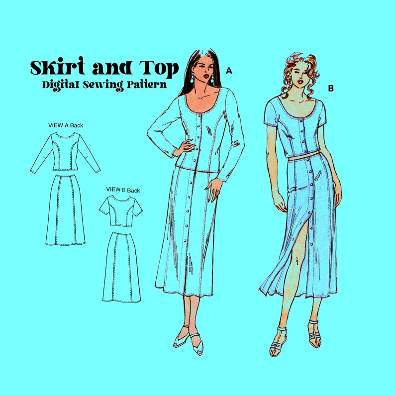 Ladies Long Skirt and Princess Seam Top Sewing Pattern // Digital ...