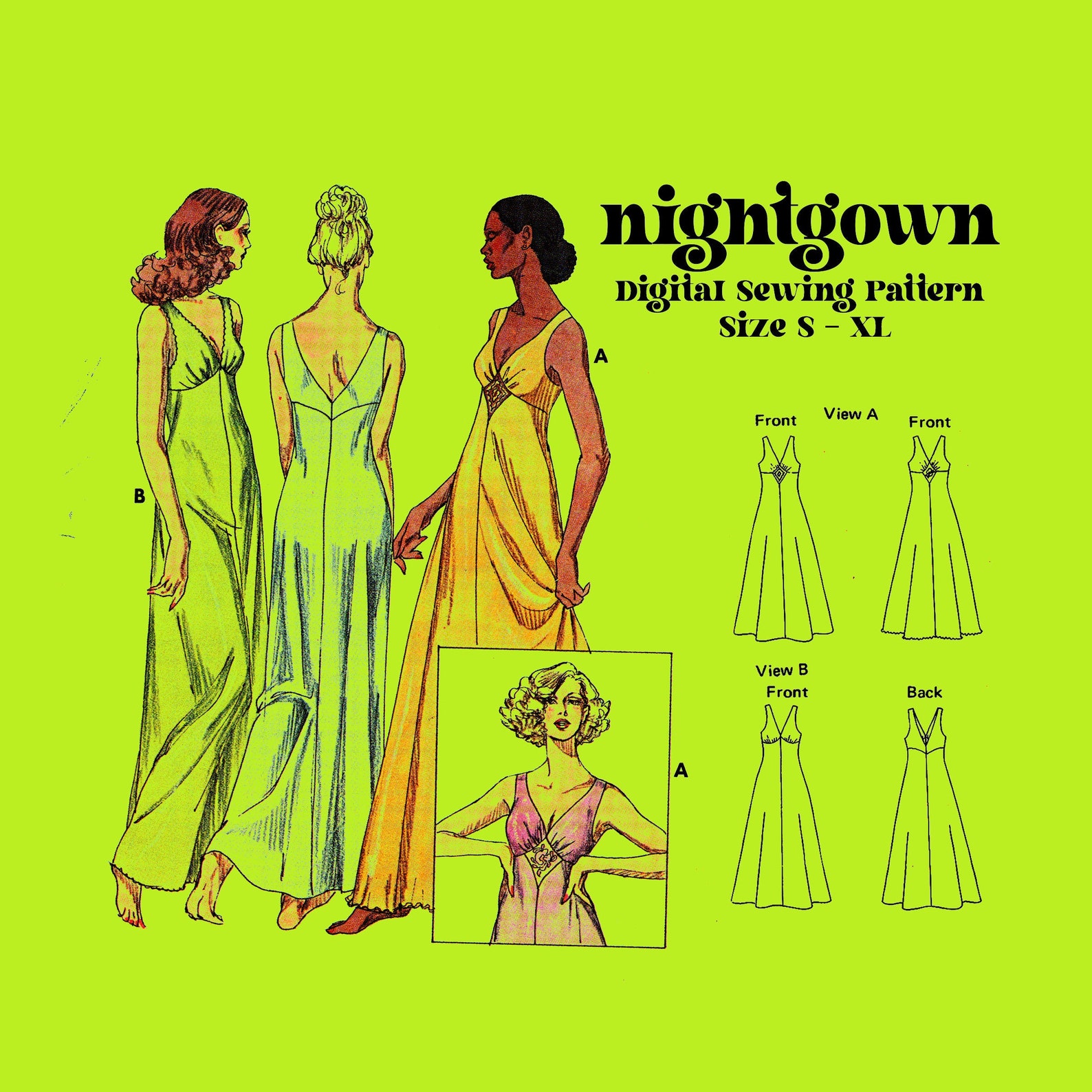 1970s Nighgown Digital Sewing Pattern // Gown Slip Nylontricot Knit ...
