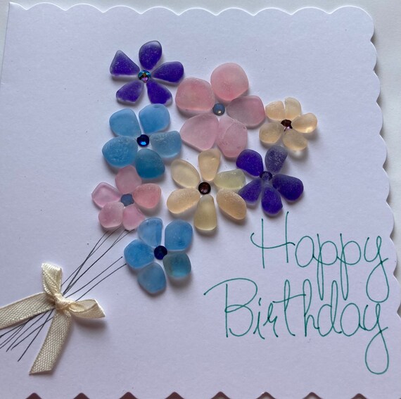 Spring Flowers Birthday Card / Flower Bouquet Card / Seaglass | Etsy