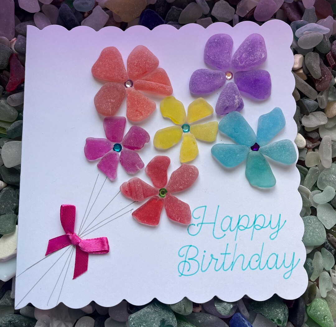 Spring Flowers Birthday Card / Flower Bouquet Card / Seaglass Flowers ...