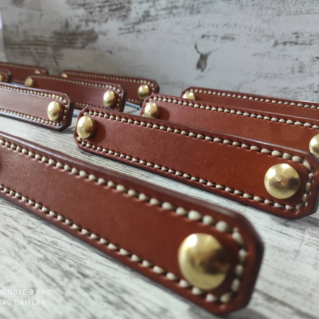 Handcrafted Leather Drawer Pulls: Vegetable Tan Leather, Brass Accents ...