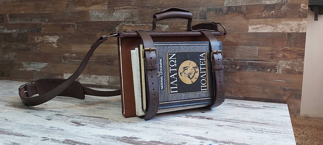 Leather Book Carrier With Handle & Shoulder Strap – Adjustable Book ...