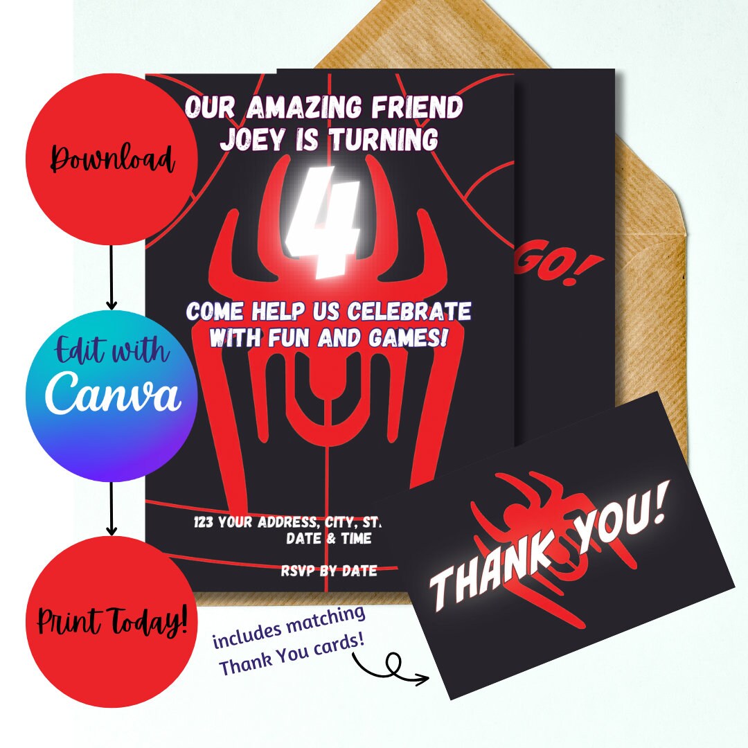 Spin Miles Morales Birthday Invitation Bundle Spidey and His Amazing ...