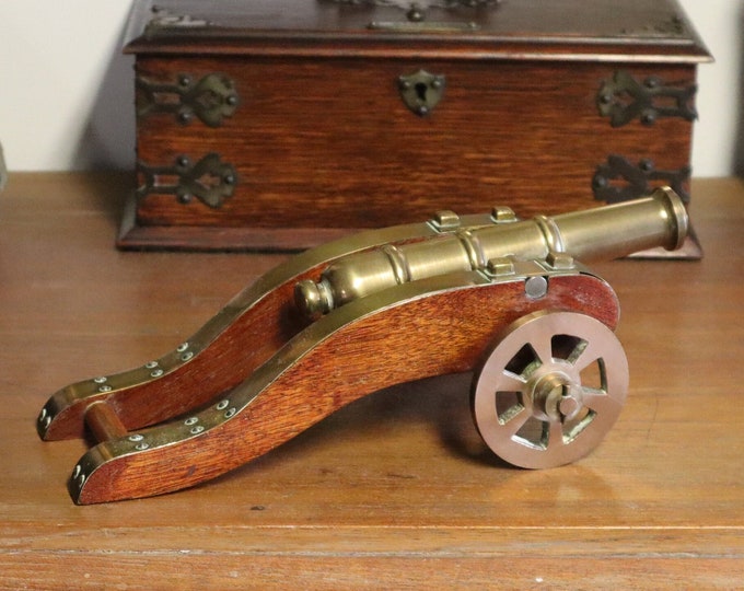 C1960's Large Hand Made Brass and Oak Cannon Desk Ornament - Solid ...