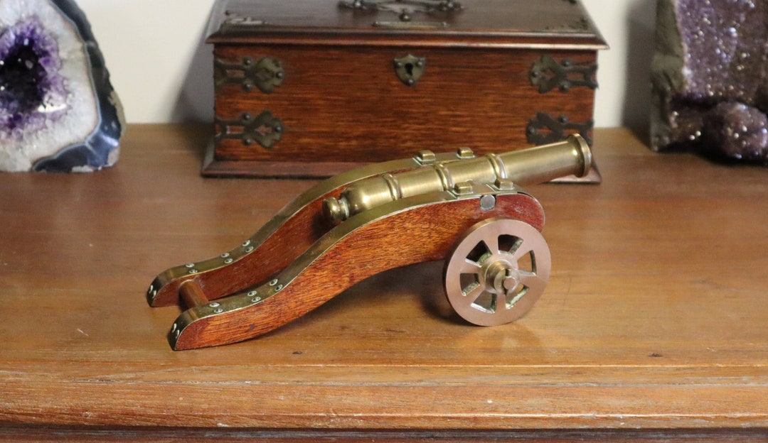 C1960's Large Hand Made Brass and Oak Cannon Desk Ornament - Solid ...