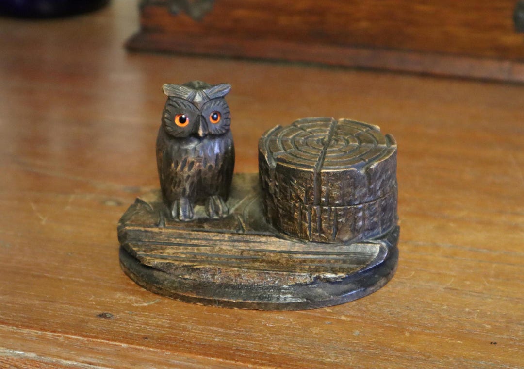 C1900 Black Forest Owl Inkwell With Glass Eyes Carved Wood Owl Inkwell ...