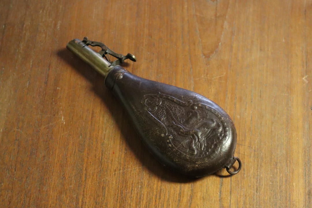 C1900 English Leather Powder Flask With Hunting Scene - Tooled Leather ...