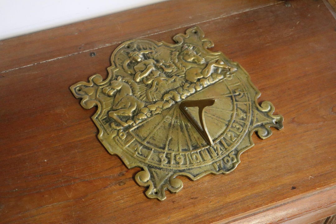 Large Antique Brass Wall Mounted Sundial With Horses and Chariot Dated ...