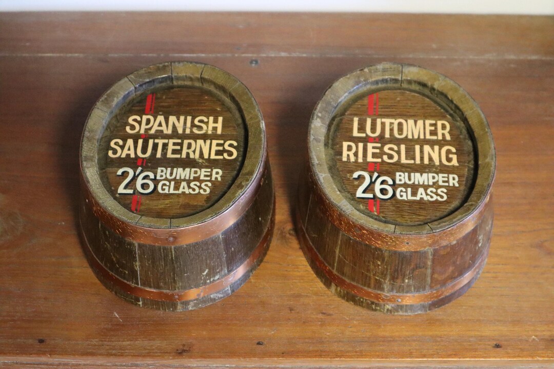 Mid-century Pair of Hand Painted Wooden Barrel Wine Bar Price Signs ...