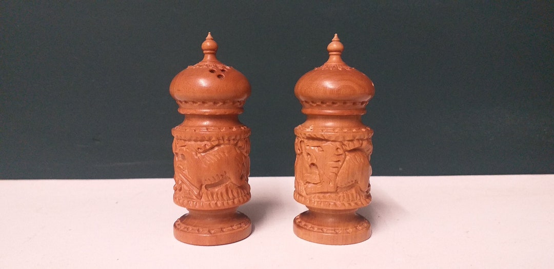 Oriental Carved Wood Salt & Pepper Shakers - - Etsy