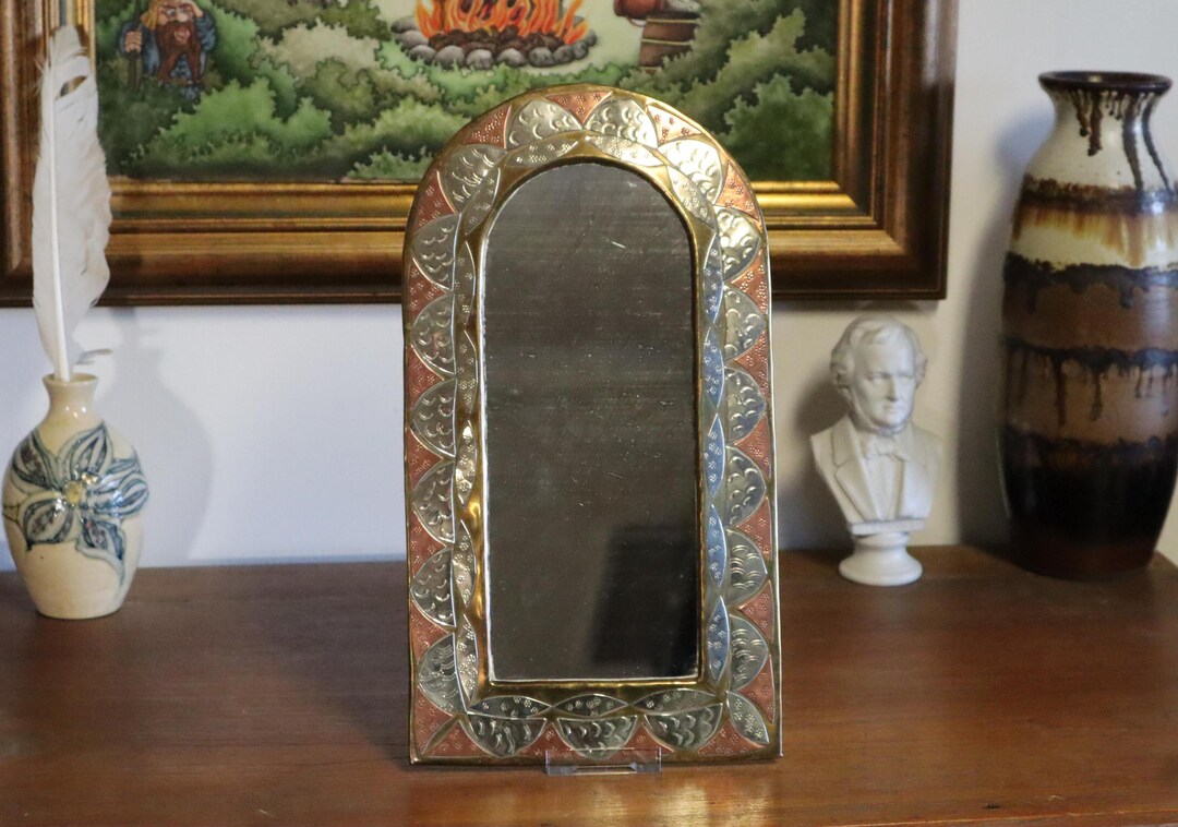 C1920 Eastern Arched Brass Mirror With Applied Copper and Silver Tone ...