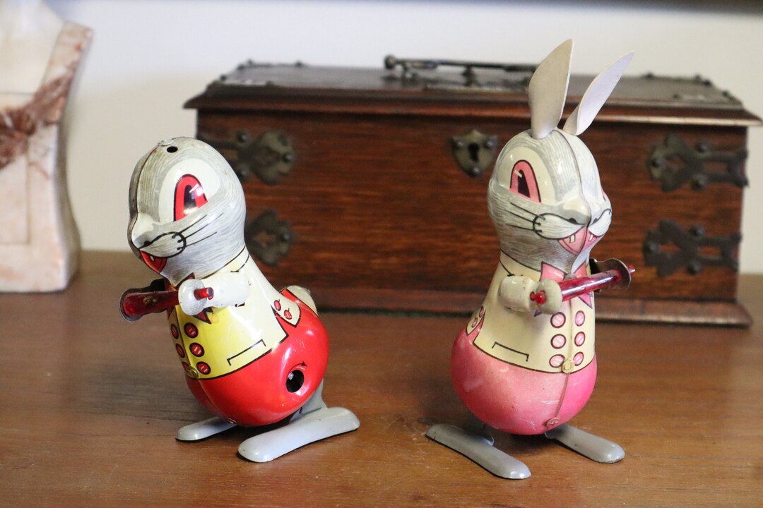 Pair of 1960's Japanese Tinplate Clockwork Toy Rabbits Working Wind-up ...