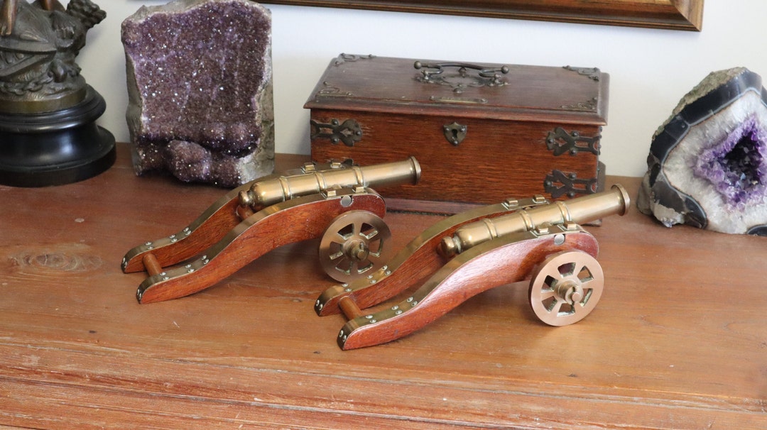 Pair of Large Hand Made Brass and Oak Cannon Desk Ornaments - C1960's ...
