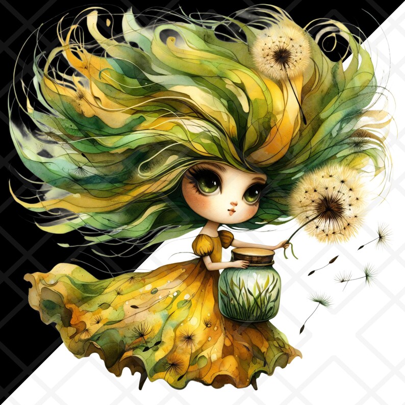 Dandelion Puff Dress Clipart, Girl Whimsical Windswept Hair Girl PNG ...