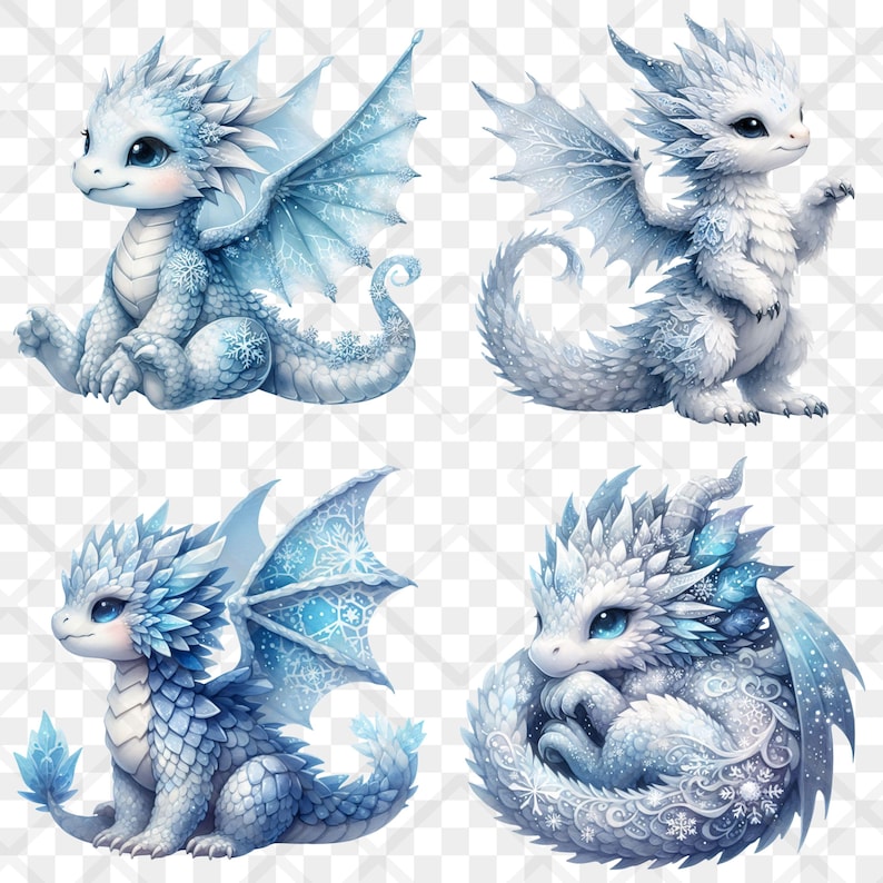 Snowflake Baby Dragon PNG Bundle 12 Cute Winter Dragons Clipart Set for ...