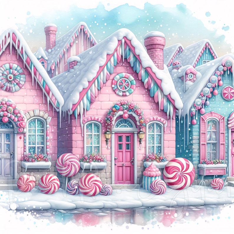 15 Peppermint Candy Cottage Clipart Bundle Pink Gingerbread House ...