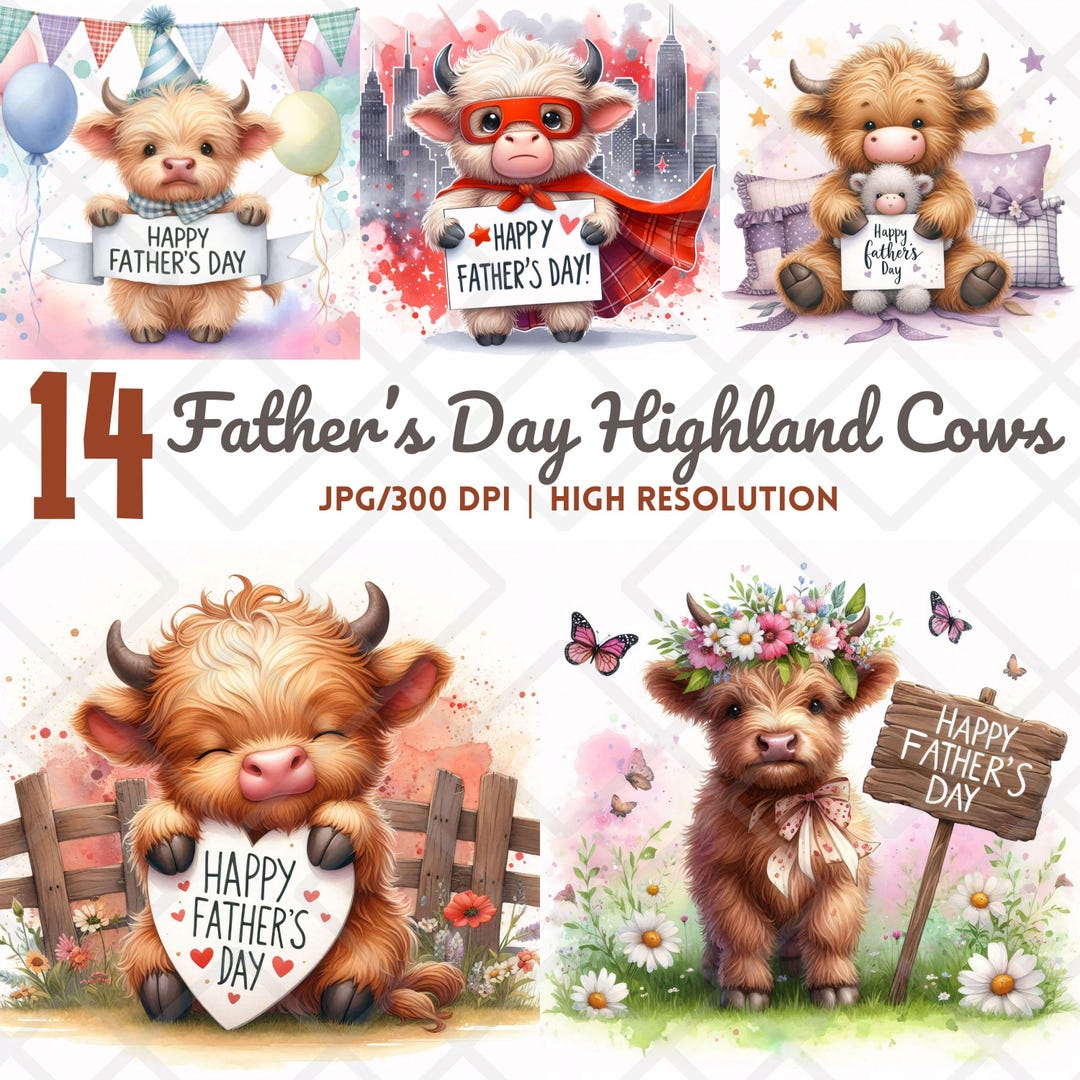 Father’s Day Highland Cow Clipart, Cute Baby Cow JPG, Gift for Dad ...