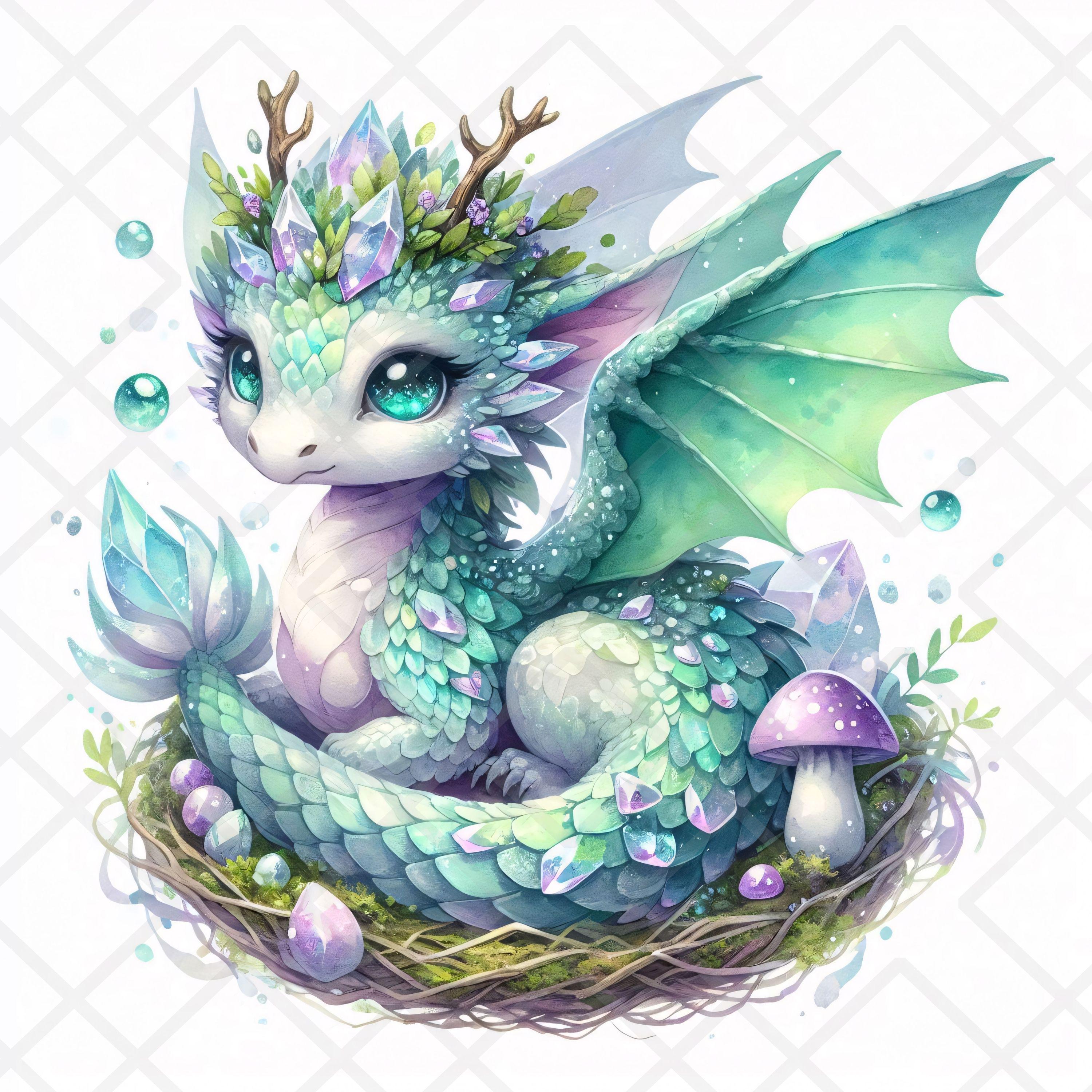 Crystal Forest Hatchling JPG Clipart, Cute Watercolor Baby Dragon With ...