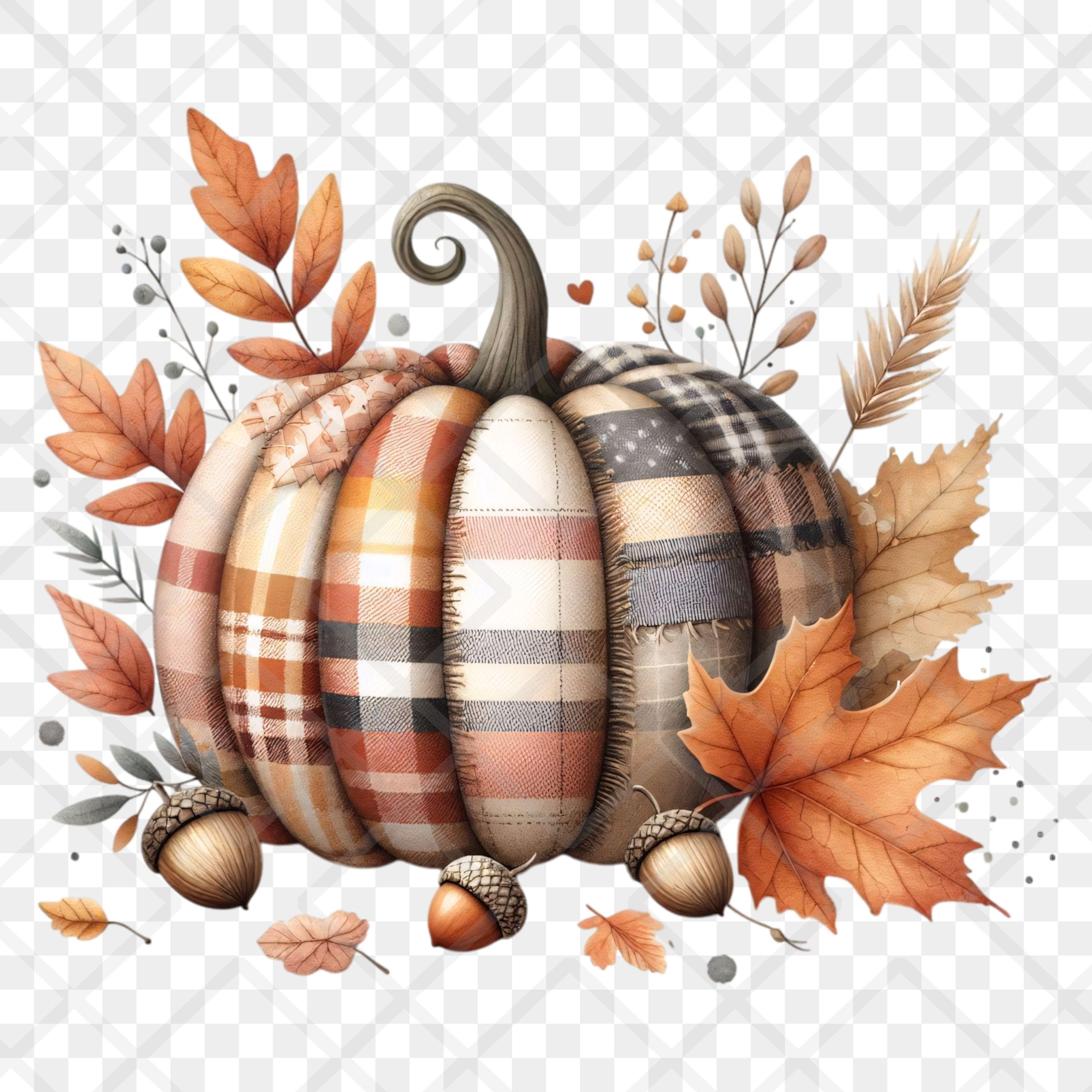 Autumn Leaves Pumpkin Clipart PNG, Plaid Patchwork Pumpkin Fall Clip ...