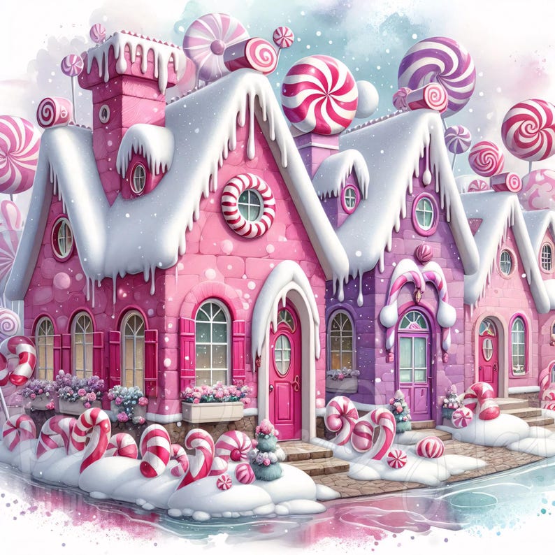 15 Peppermint Candy Cottage Clipart Bundle Pink Gingerbread House ...